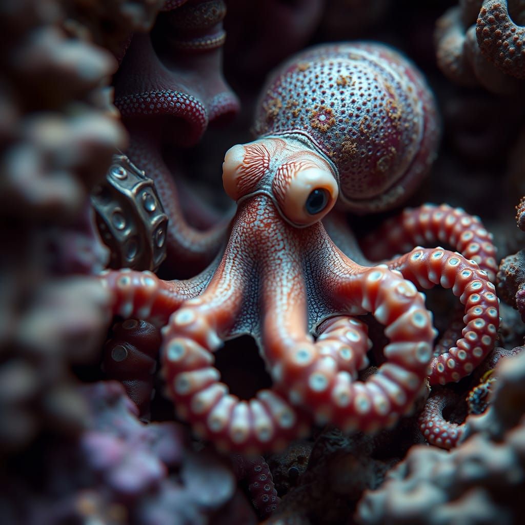 Octopus hiding in a coral reef - Octopus in Moody Coral Reef...
