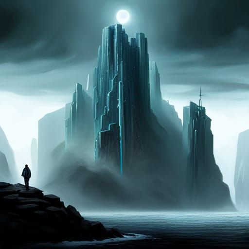 A cinematic landscape painting of a giant, shadowy castle atop of a ...