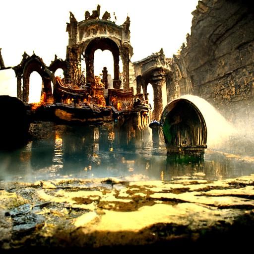 an ancient ruined city floating on misty water, ornate architecture ...