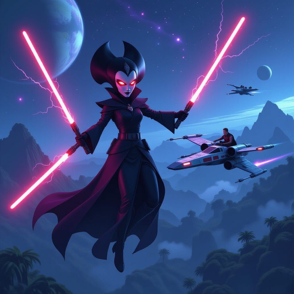 "Emperor’s New Groove x Star Wars: Rise of Sith Yzma & Lightsaber-Spatula Fighter"