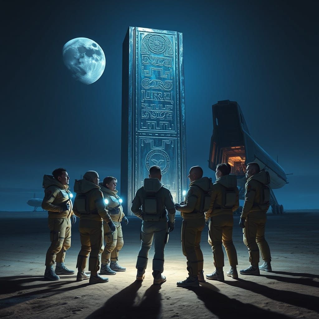 Space exploration team standing before an ancient alien artifact