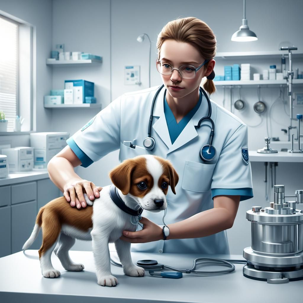 Veterinarian taking care of a cute puppy in a clean white vet office ...