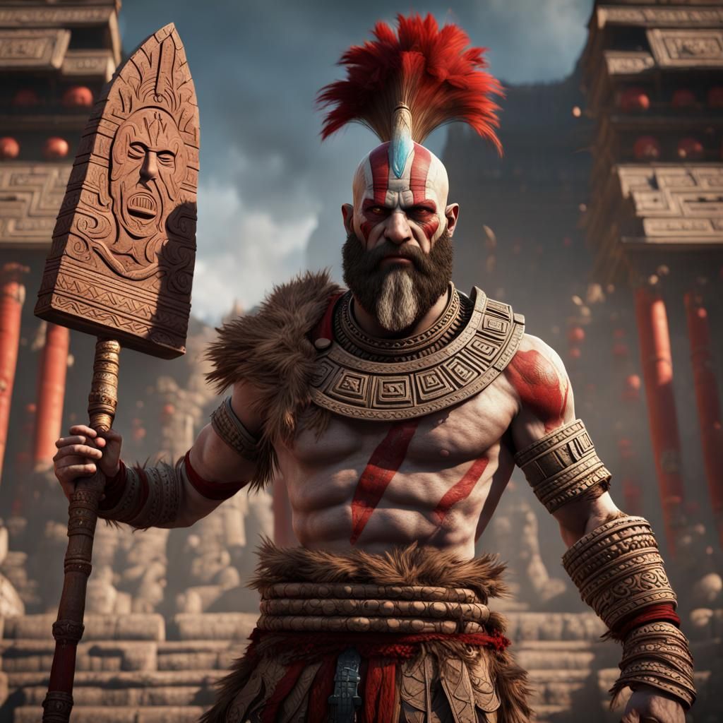 Kratos in Aztec headdress and Mayan authentic ancient clothing - AI ...