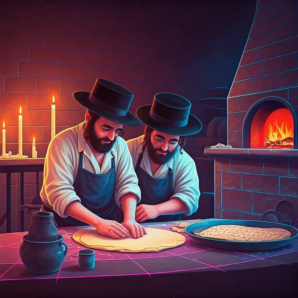 A group of Haredi Jews happily baking matzah for Passover next to an ...