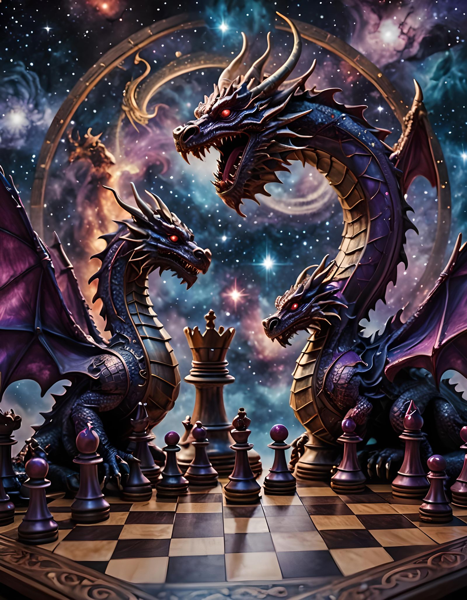 A mesmerizing cinematic photo of a Dragon-themed large chessboard with ...