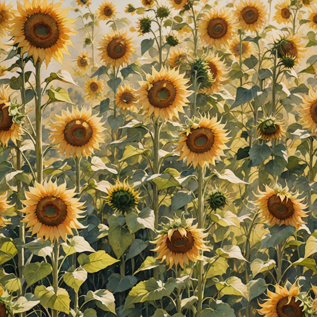 Surreal Sunflower Landscape in Romantic Watercolor... - AI Art