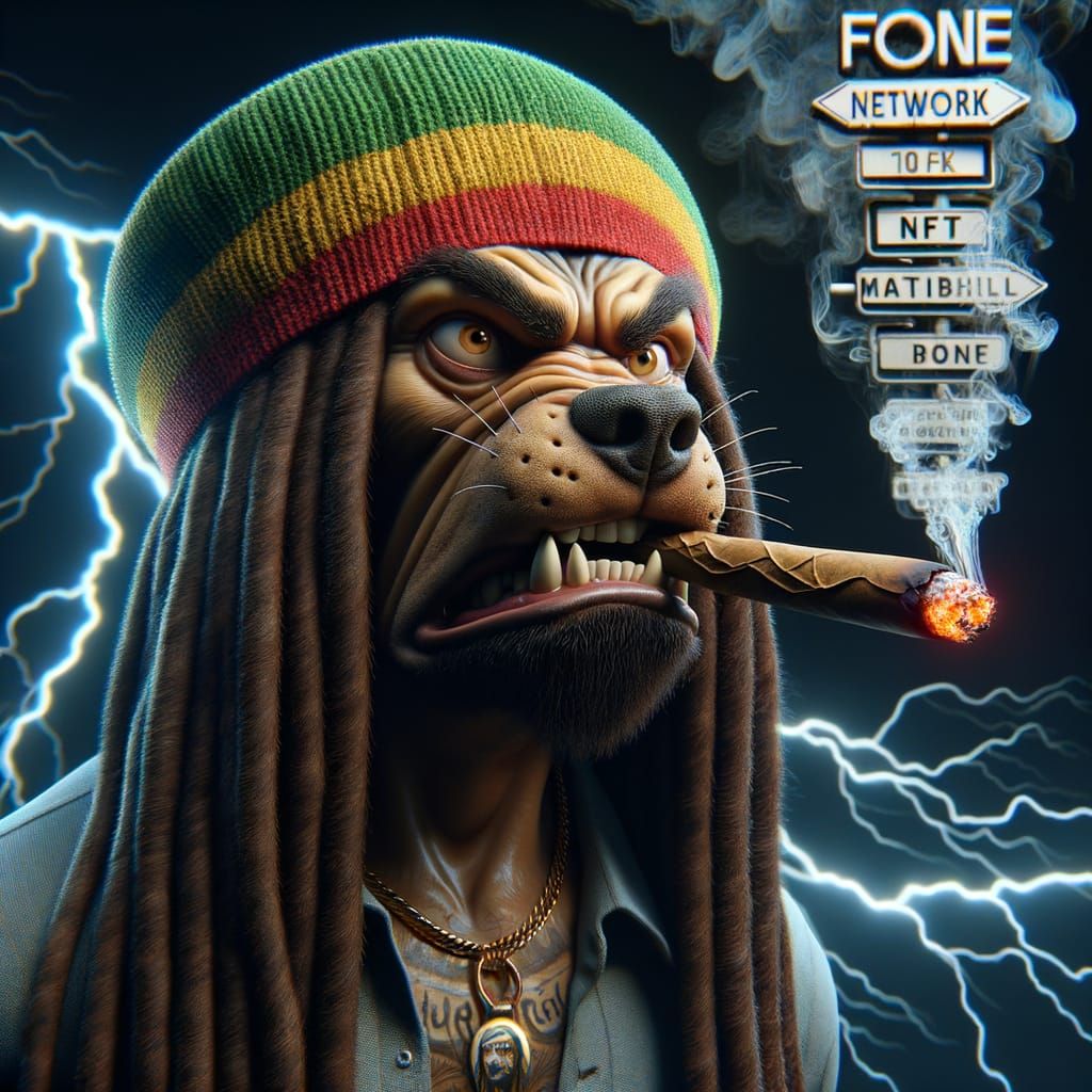 Rastafari Pitbull Smokes Blunt Under 3D Lightning - AI Art