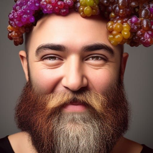 Happy Greek god Dionysos smiling, beard, vine leaves crown, grapes ...