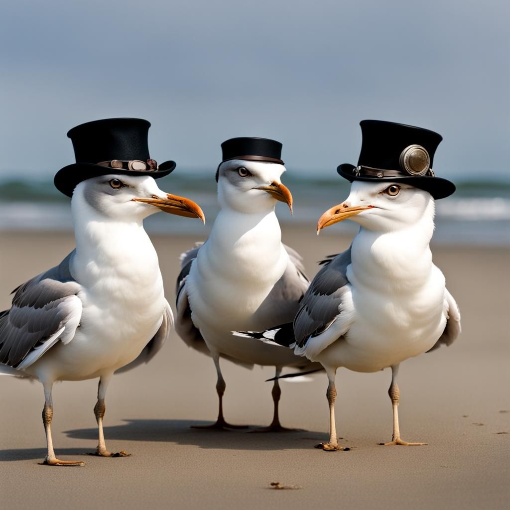 Seagulls wearing fedoras standing on Hatteras Island beach. - AI ...