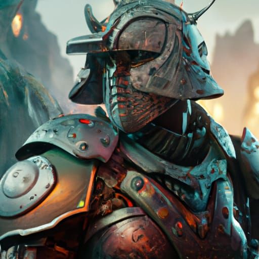 Fierce soldier with a large scar and an oversized iron helmet and a ...