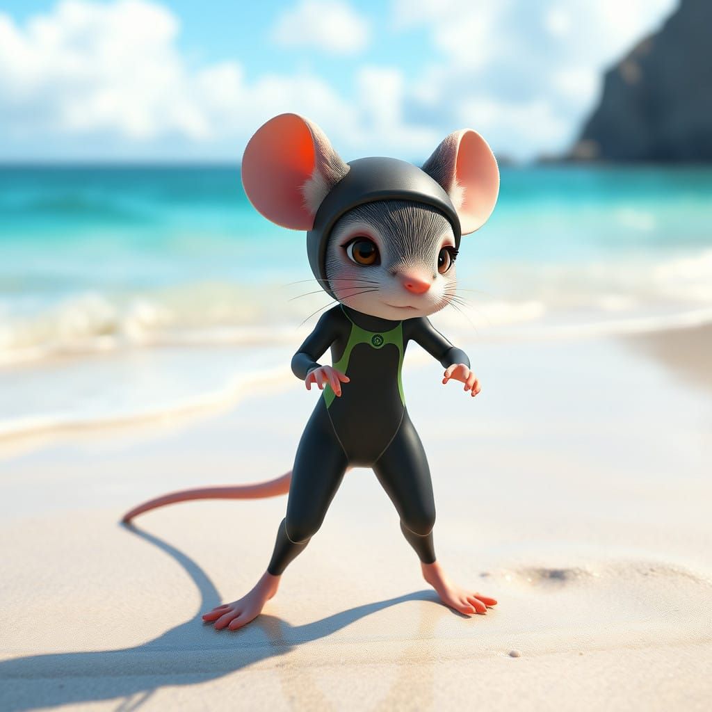 Surreal Beach Mouse in 3D Anime Art Style - AI Art