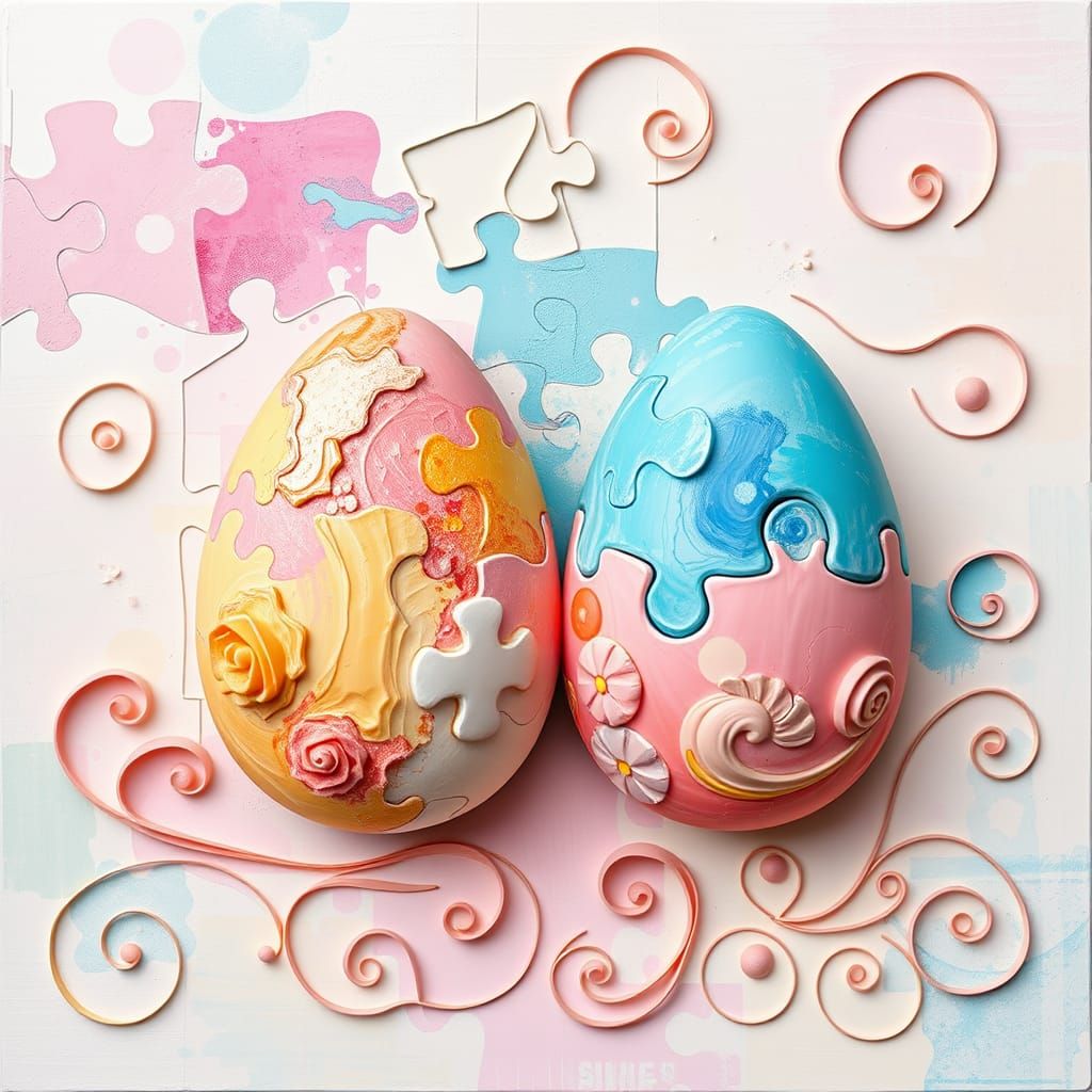 An artwork with two Easter eggs, puzzle pieces, pastel shades, abstract ...