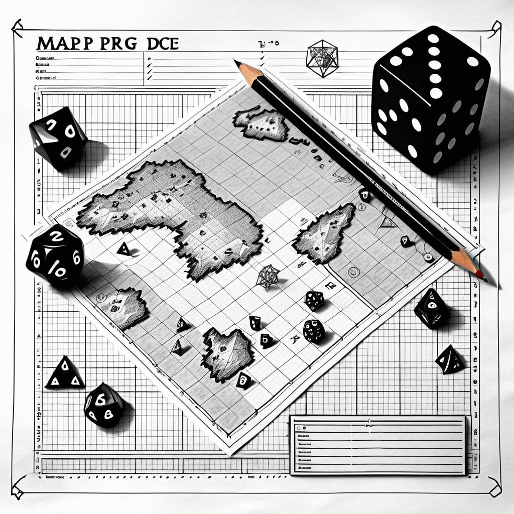 a realistic black and white drawing of an RPG map on graph paper, an ...