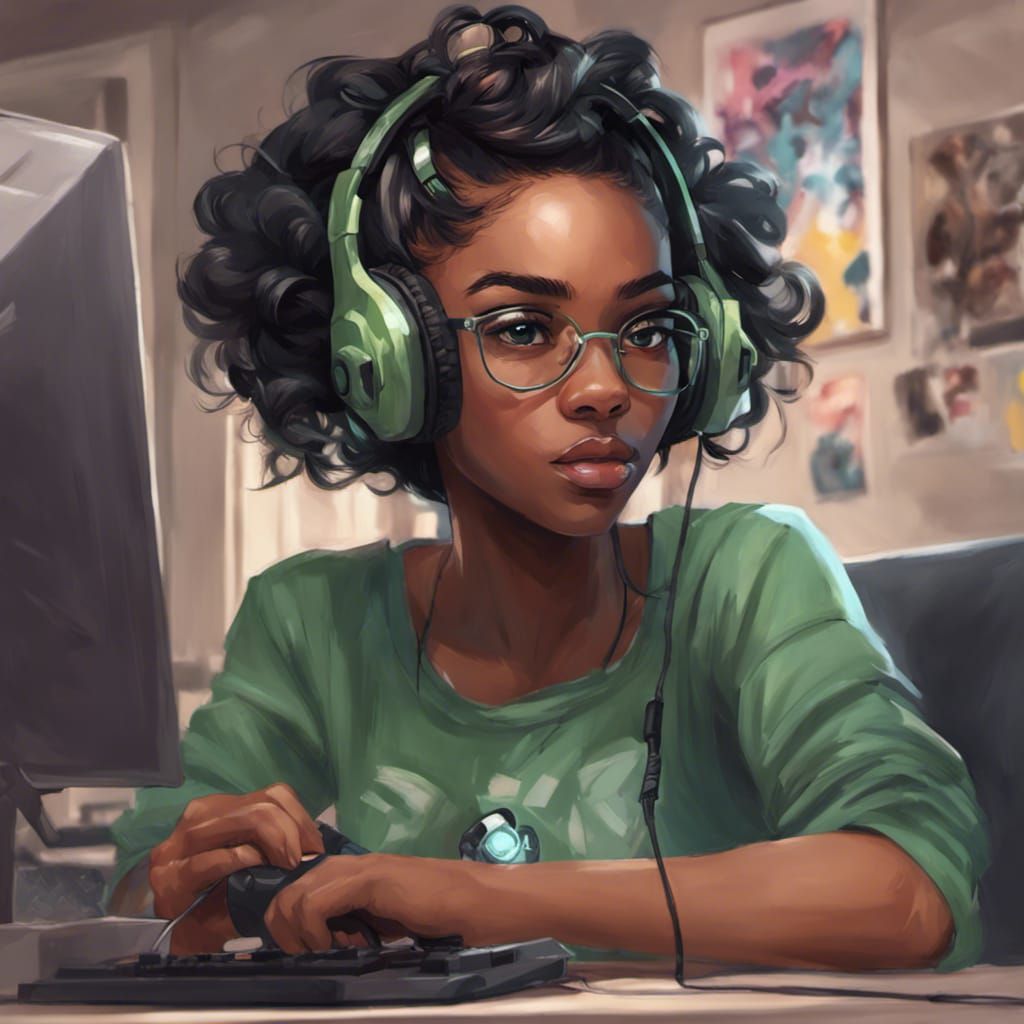 black girl gamer with glasses - AI Generated Artwork - NightCafe Creator