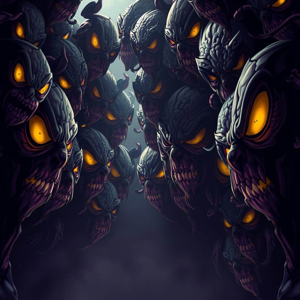 a wall of different freaky scary cartoon faces intricate details, HDR ...