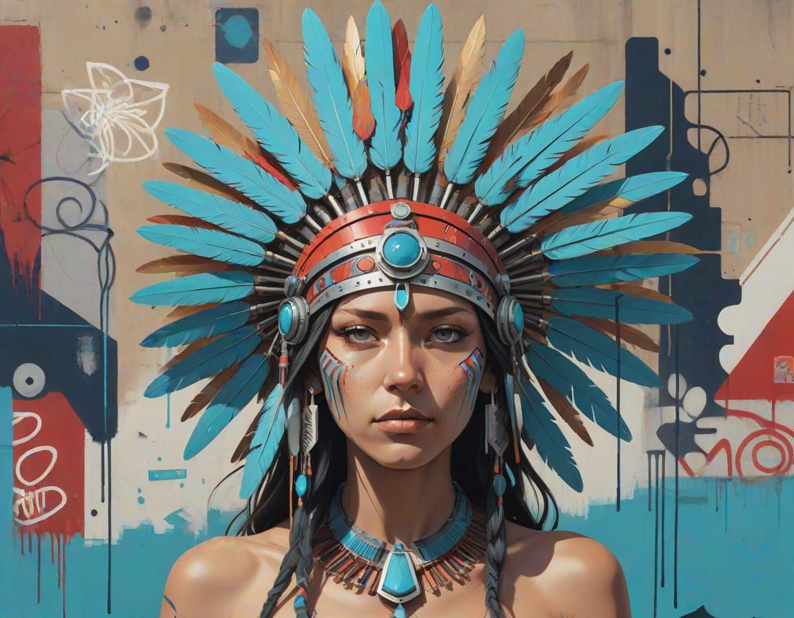 Surreal Native American Headdress in Futuristic Re... - AI Art