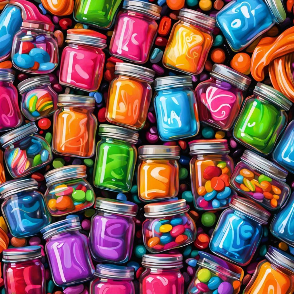 candy shop, glass jars filled with colorful candy, graffiti art, splash ...