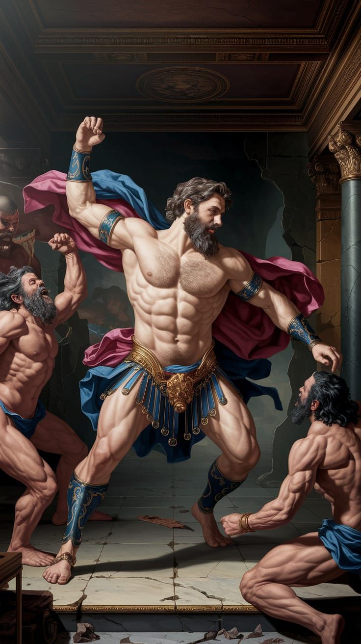 Muscled Greek God Battles Demons in a Dimly Lit Te... - AI Art