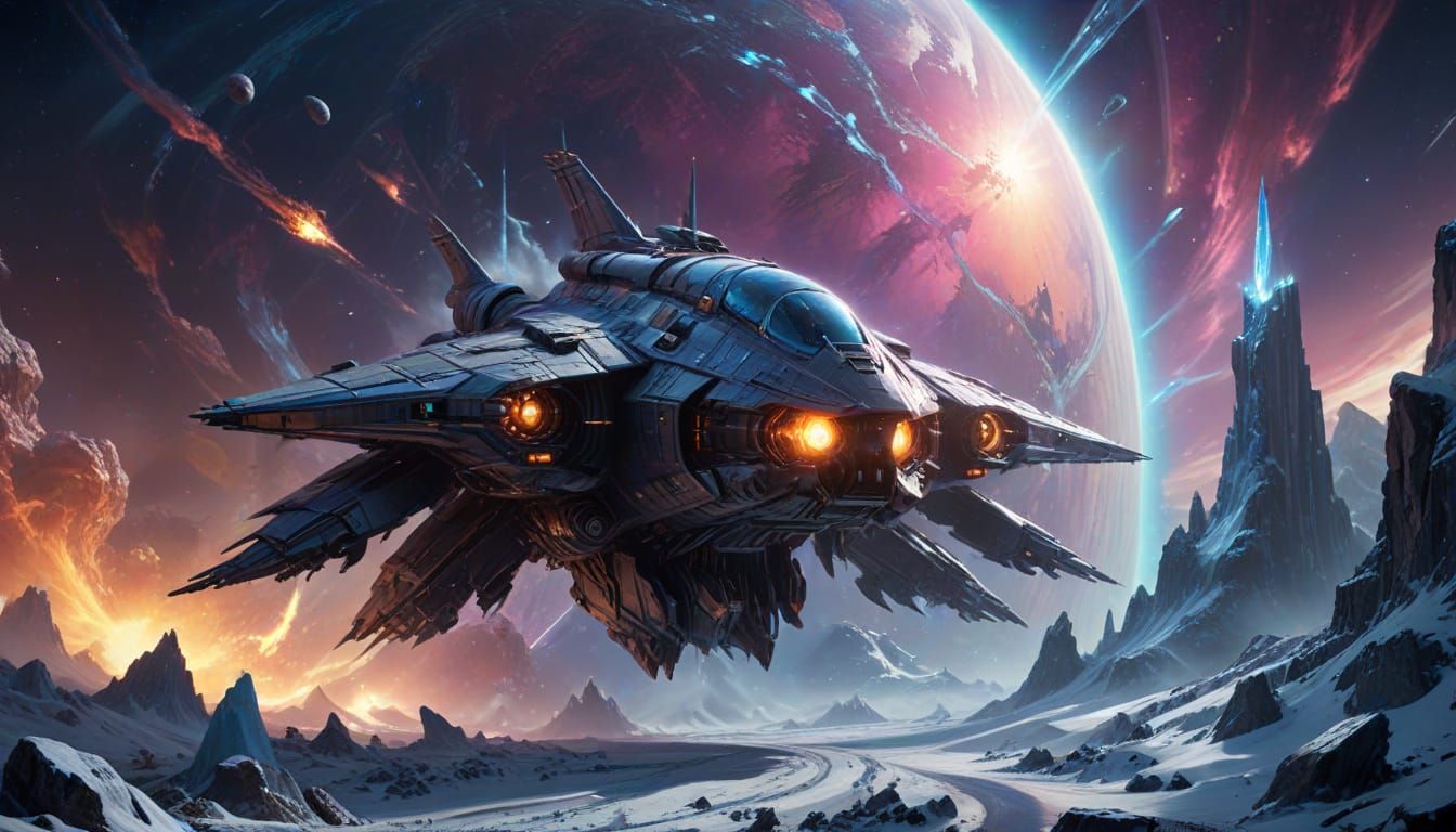 A bulky mile long battle warn starship passes through the curve of an ...