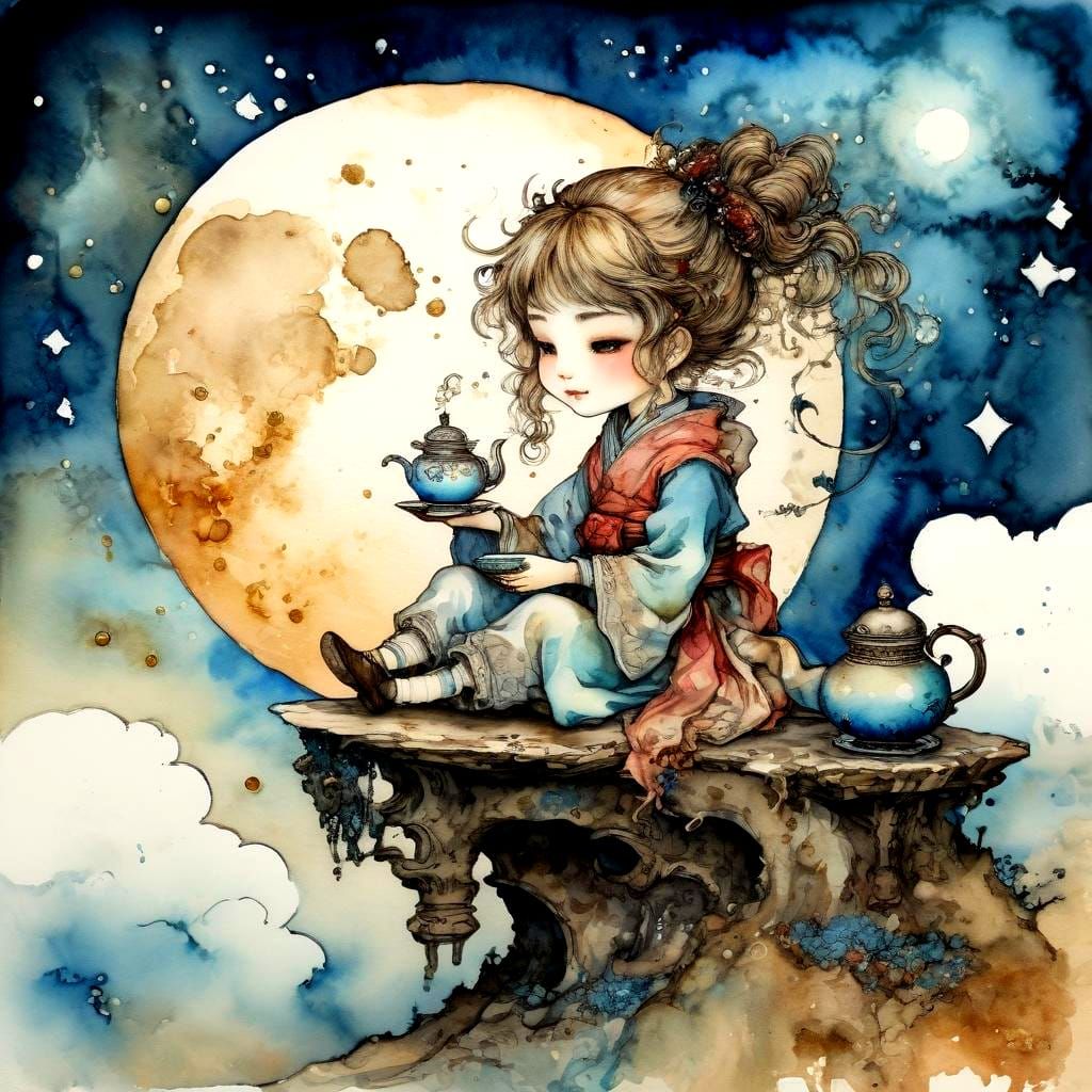 The tea angel - Whimsical Watercolor Chibi Japanese Girl Sit...