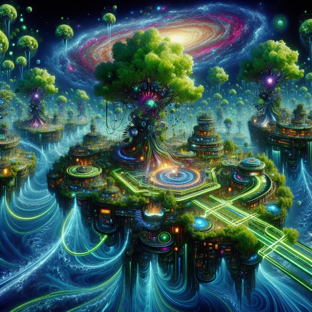 solarpunk-inspired - Solarpunk Village Over a Glowing Sea