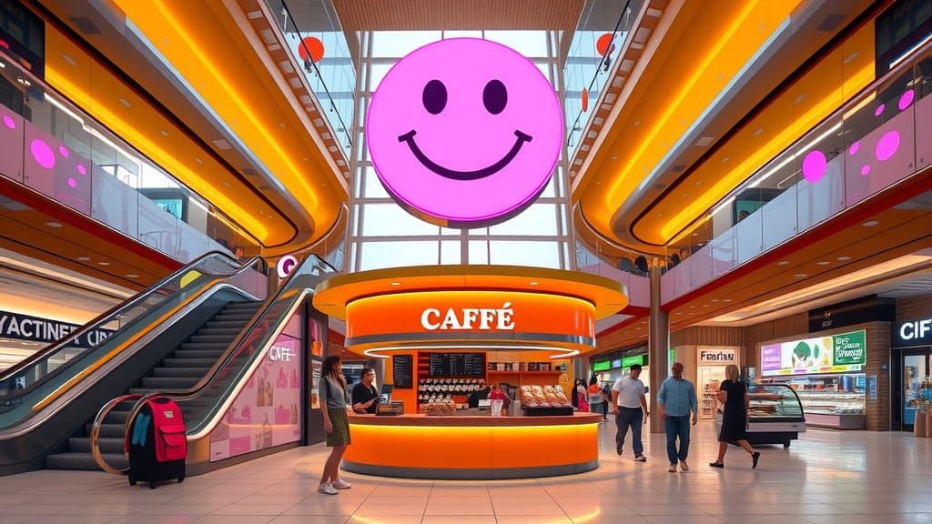 Inside of a mall with escalators and café with pink round smiley face ...