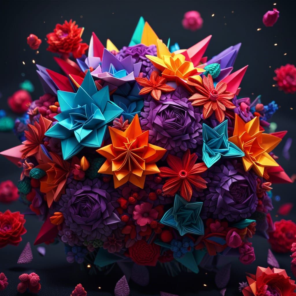 an intricate origami flower bouquet with vibrant colors and realistic ...