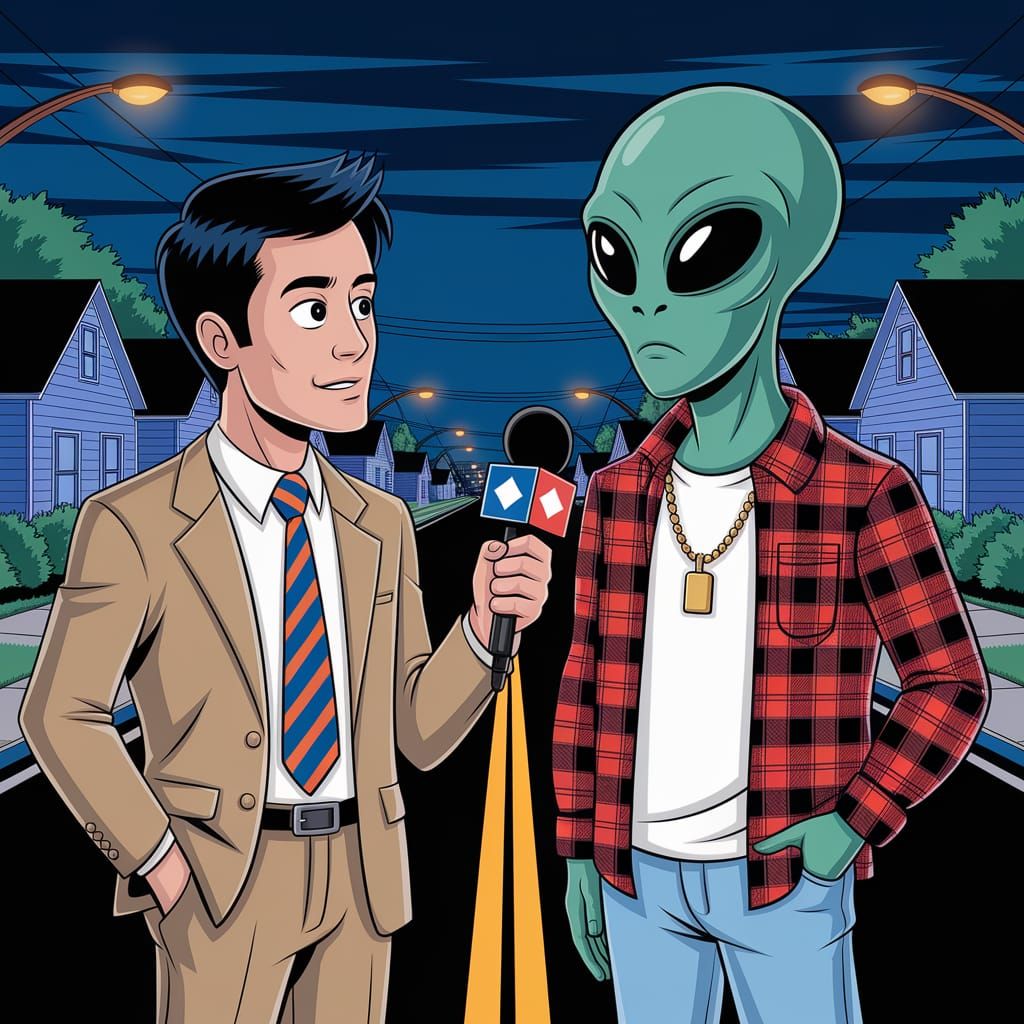Anime News Reporter Interviews Alien Cartoon - AI Art