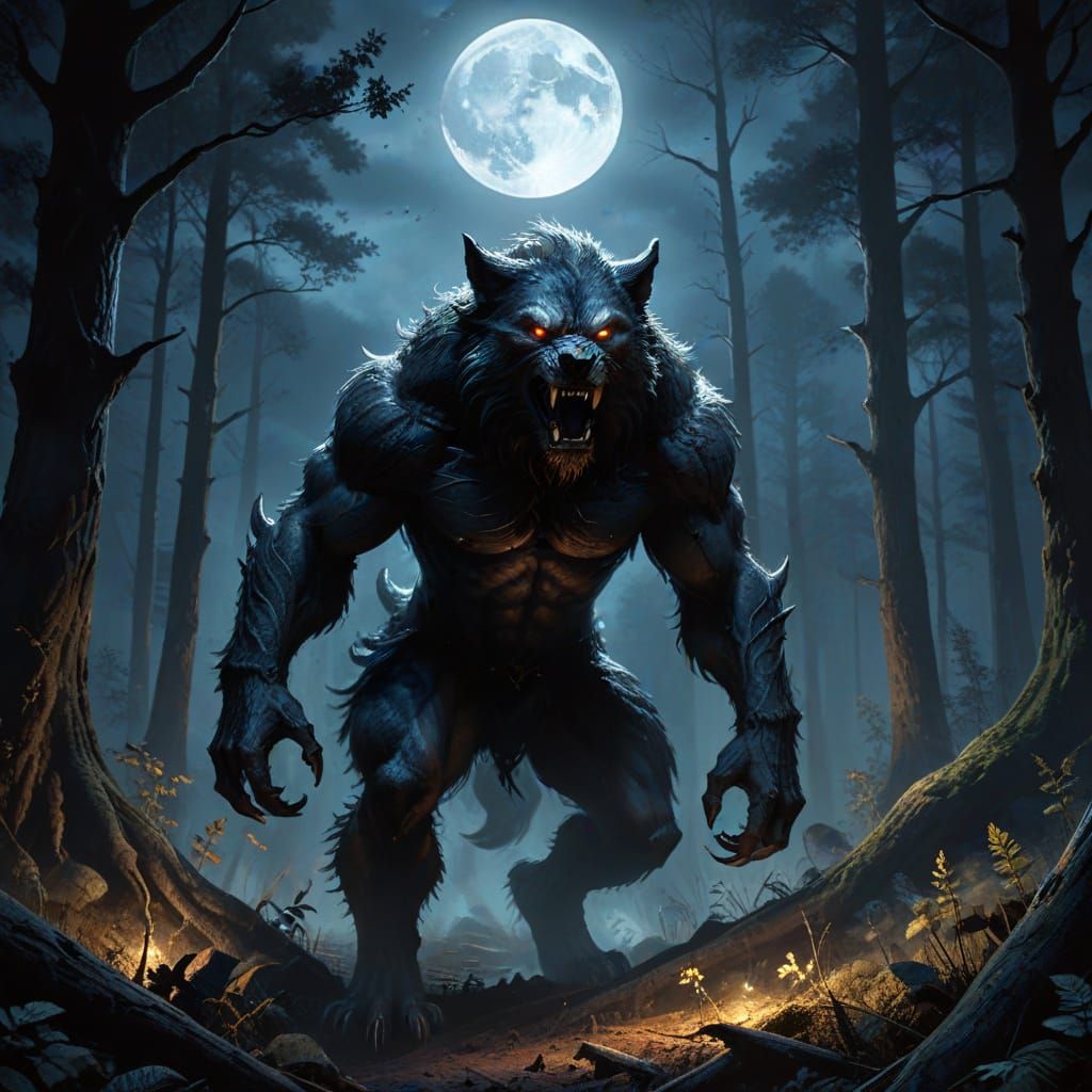 Werewolf Under Full Moon in Dark Fantasy Landscape - AI Art