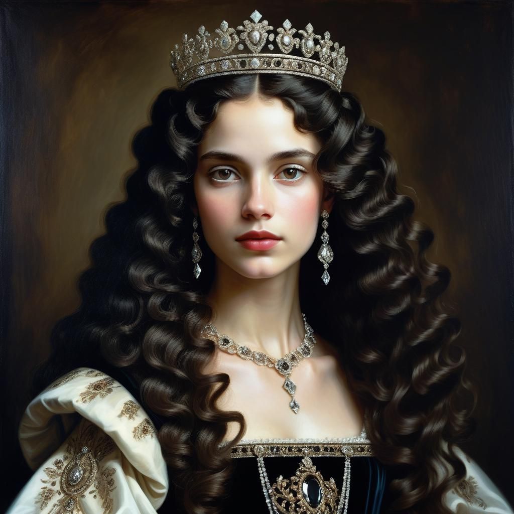 Beautiful queen with long ringlets dark hair, light eyes, ivory skin ...