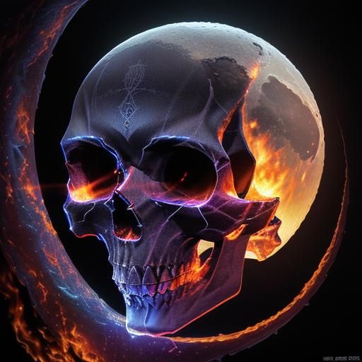 HOLOGRAPHIC 3 DIMENSIONAL IMAGE. FLOATING SKULL, FULL MOON SKY, FLAMES ...