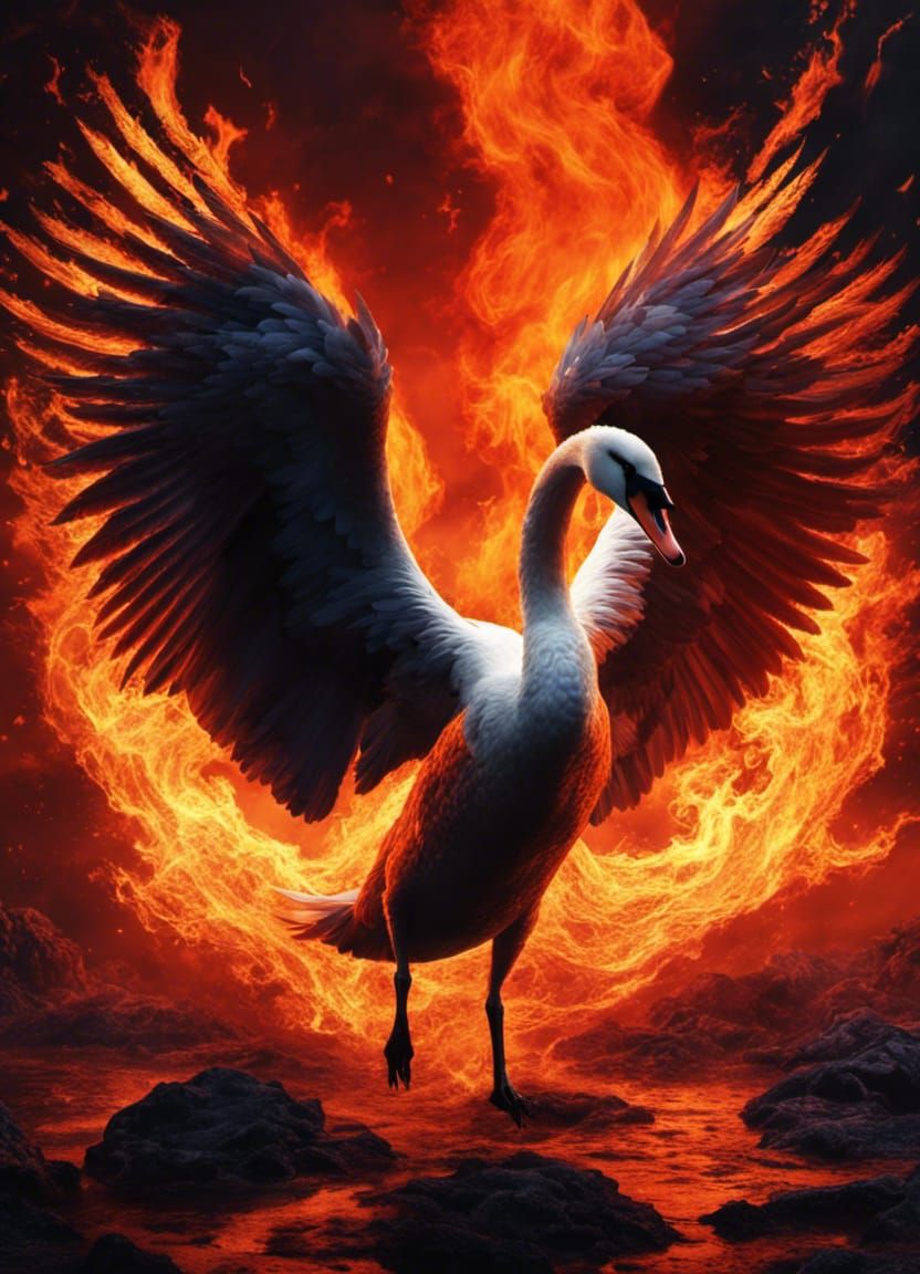 Swan in Hell, burning lava, explosive flames jumping from firelit ...
