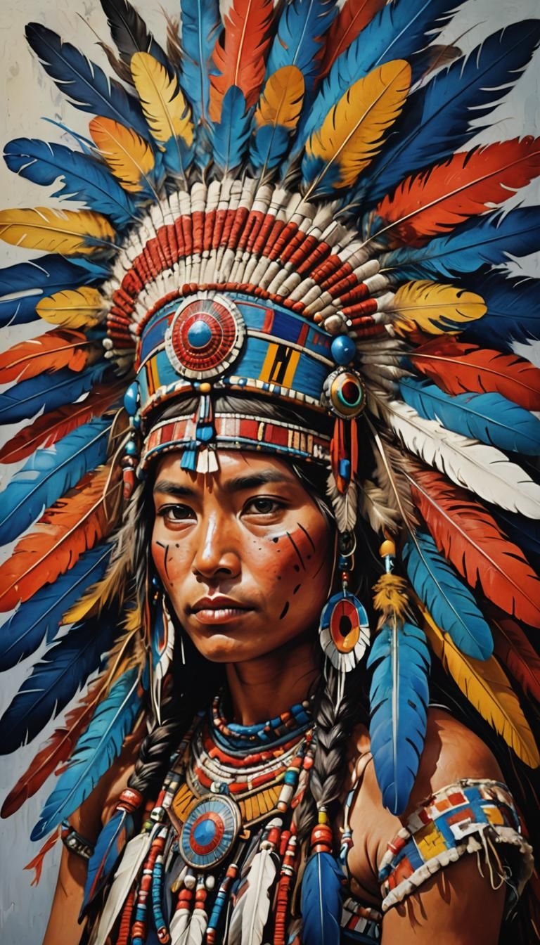 Paint a portrait inspired by indigenous cultures, featuring a figure ...