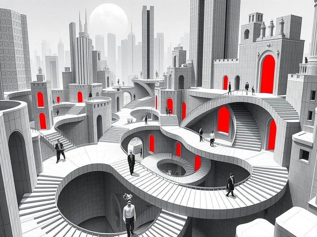 "Impossible Escher-like architecture, a city built on interconnected ...