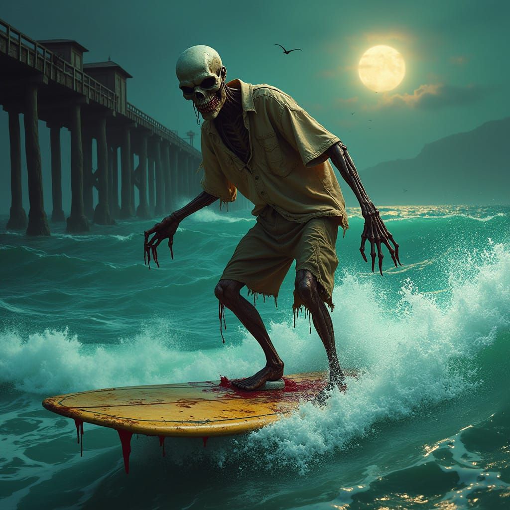 Vampire Surfer on a Retro Wave in a Haunting Sunse... - AI Art