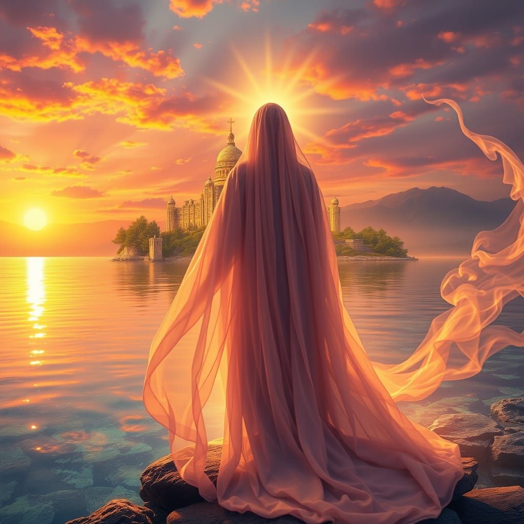 Ethereal Figure Gazes Upon Golden Castle at Radian... - AI Art