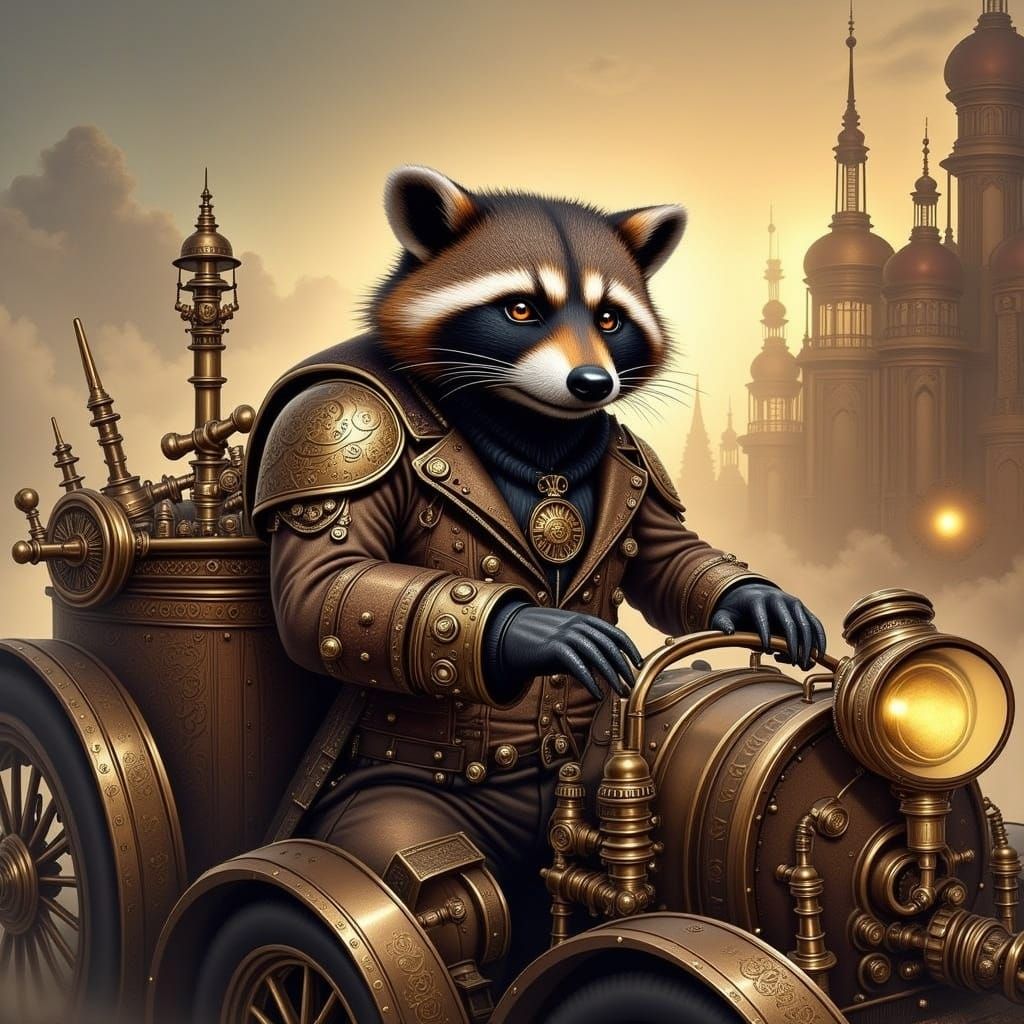 Steampunk Raccoon Speeds Through City Streets in V... - AI Art