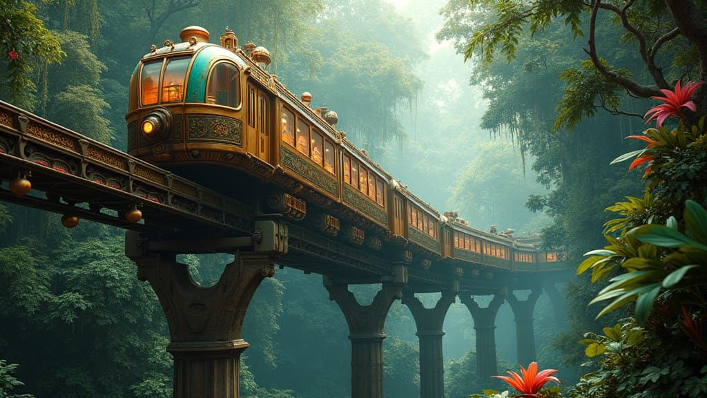 Steampunk Monorail Ascends Jungle Canopy in Cyberp... - AI Art