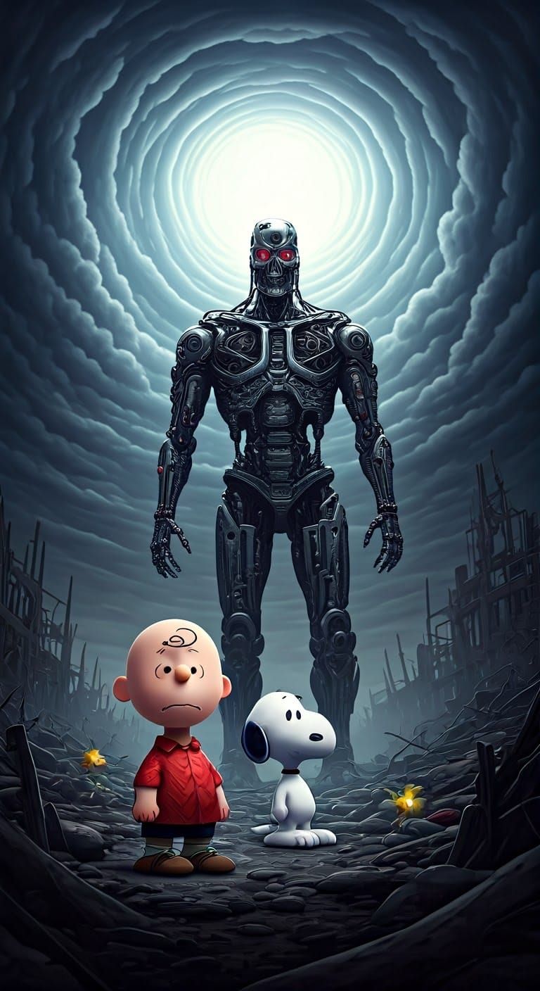 The Terminator stands guard over Charlie Brown and Snoopy, who are ...