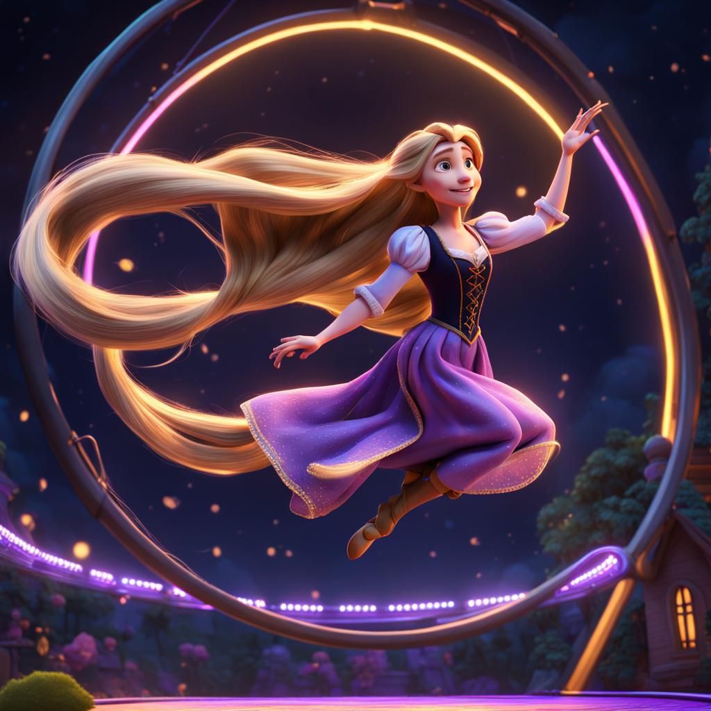rapunzel jumping with her long glowing hair at night - AI Generated ...