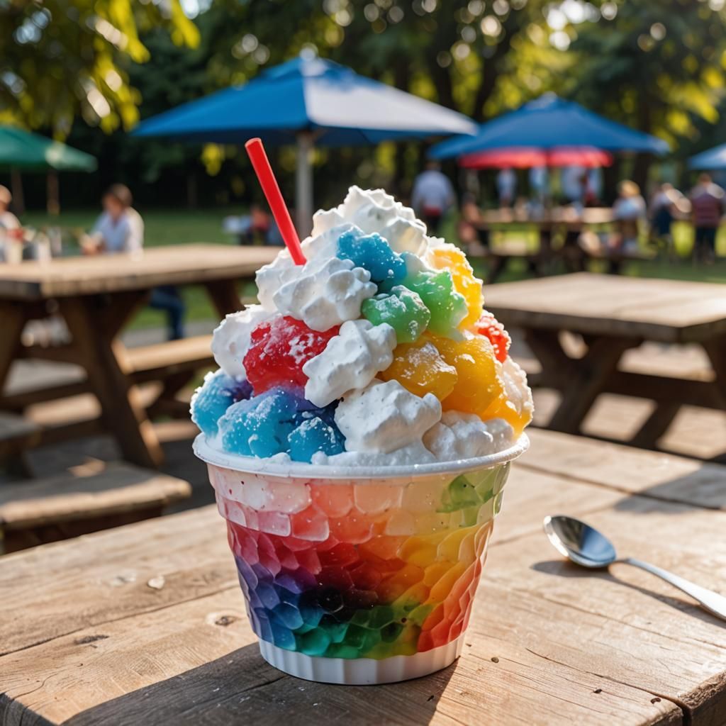 multicoloured shaved ice in a white styrofoam cup with a white spoon on ...