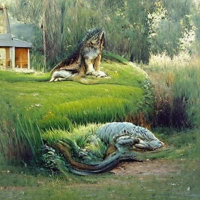 A hybrid of wolf and lizard sitting in the grass near a house in the ...