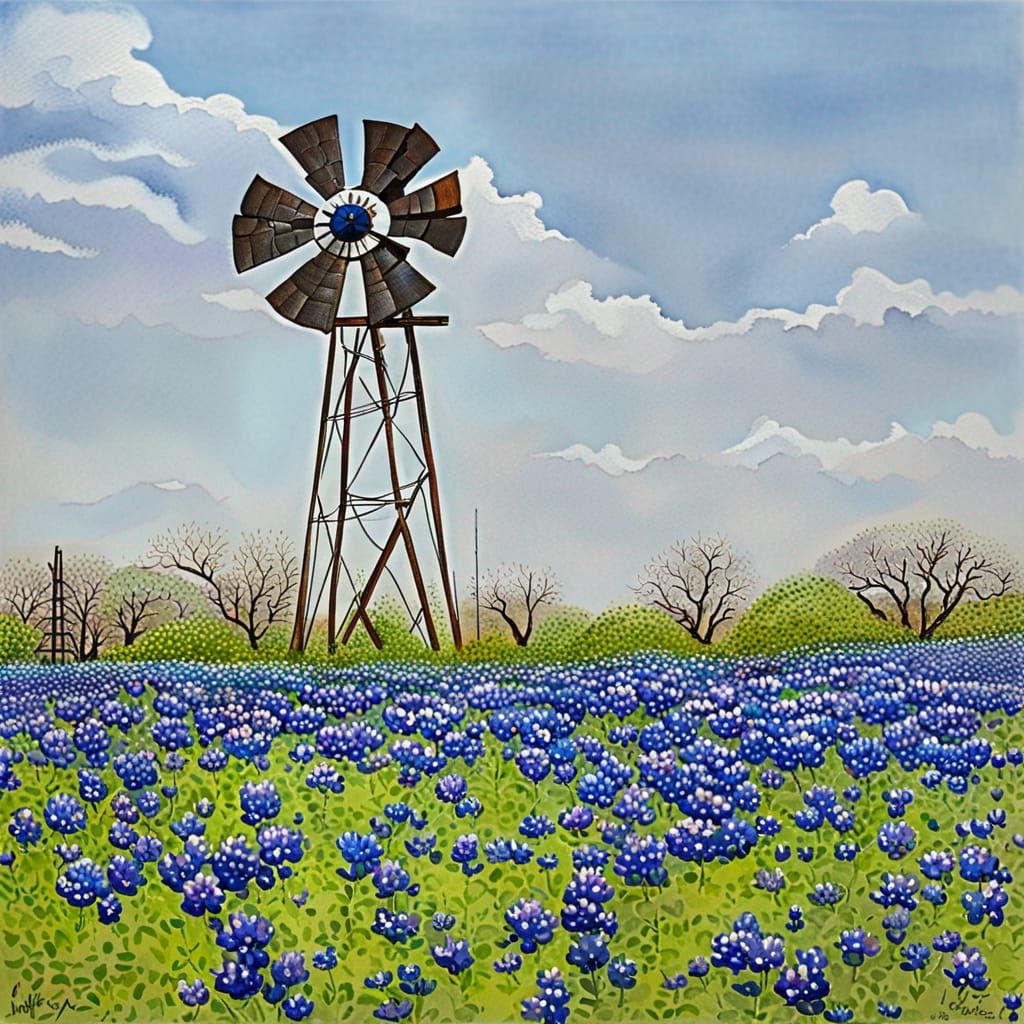 Texas windmill with bluebonnet field - AI Generated Artwork - NightCafe ...