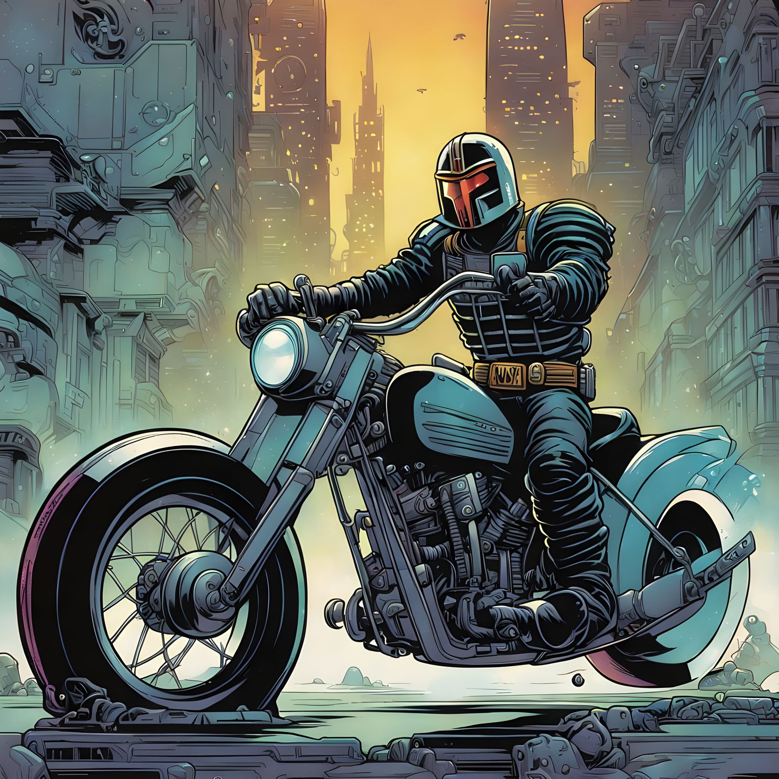 Judge Dredd Riding Futuristic Hoover Bike in High-... - AI Art