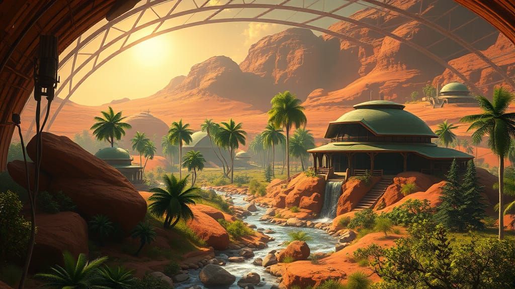 Solarpunk Oasis on Mars in Dark Fantasy Concept Ar... - AI Art