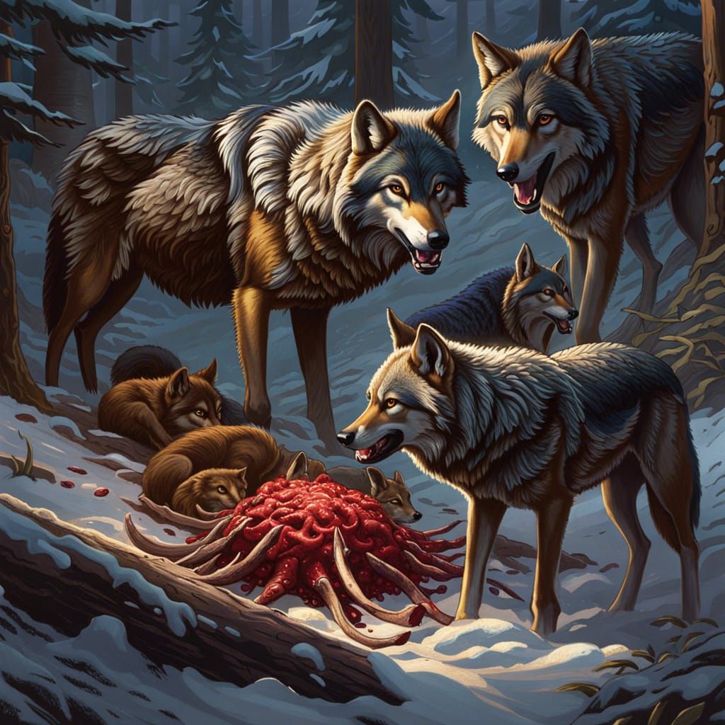 Wolf pack devouring a fresh kill - AI Generated Artwork - NightCafe Creator