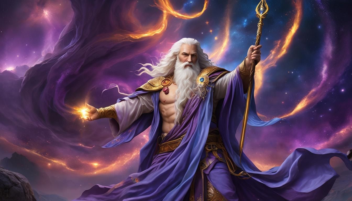 Greek god Prometeus, mystical aura, flowing robes, long white beard ...