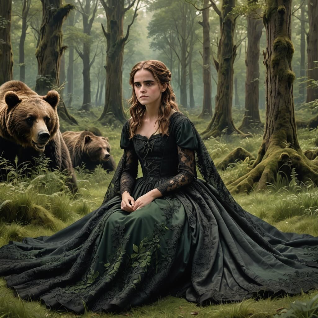 A detailed portrait of Emma Watson in a lush, green forest clearing ...