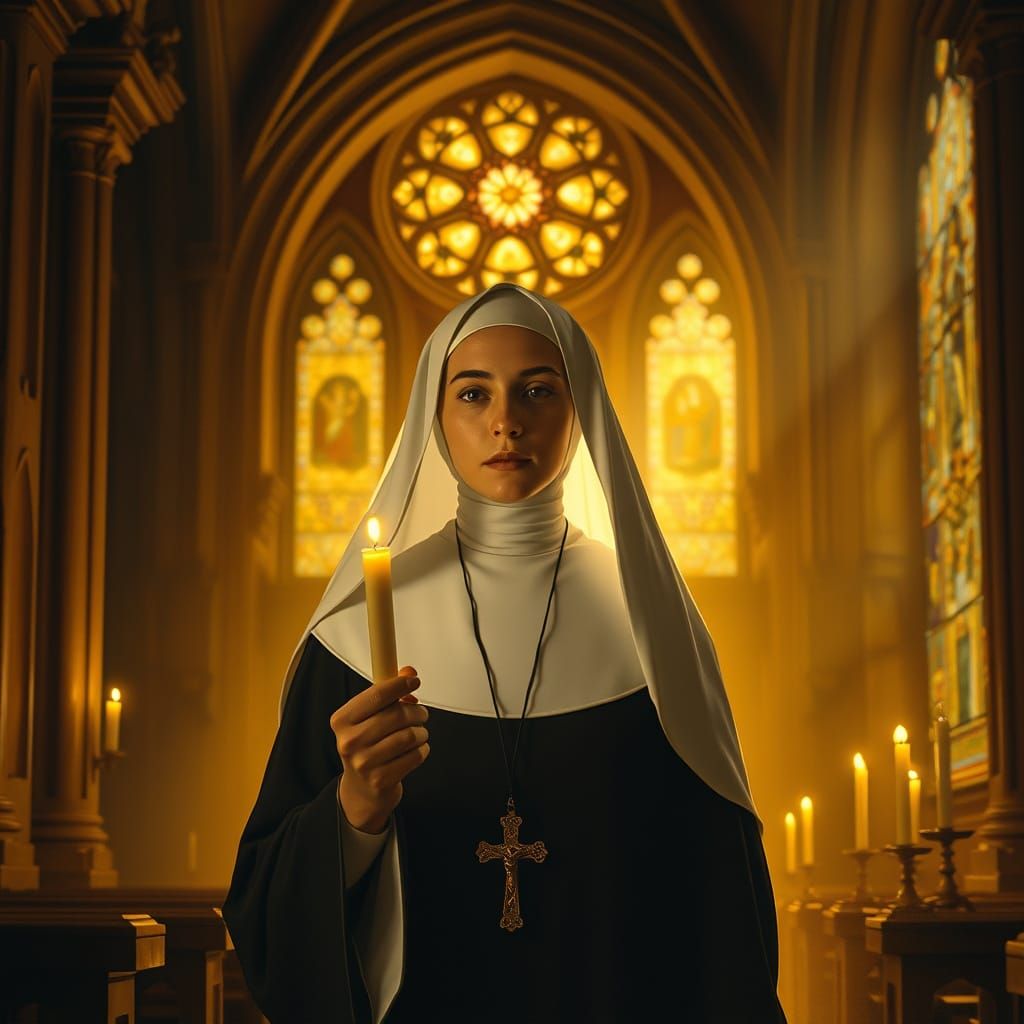 The nun with candles - Contemplative Nun in Golden Light