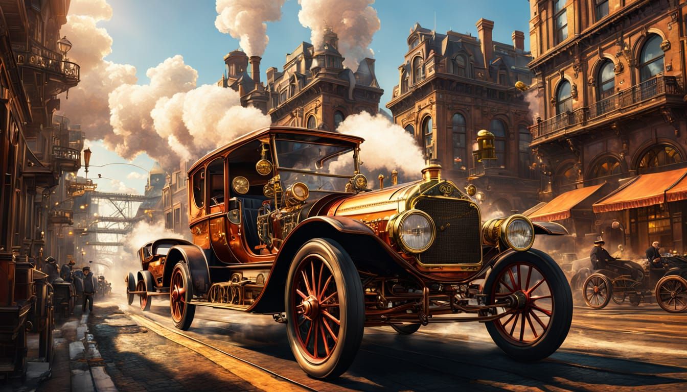 Steampunk Racing Cars in Victorian Cityscape - AI Art